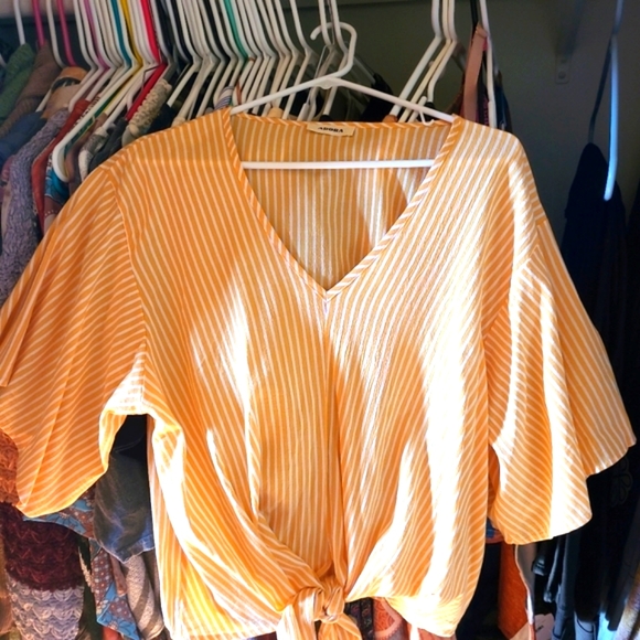 Tops | Yellow Pinstripe Blouse | Poshmark